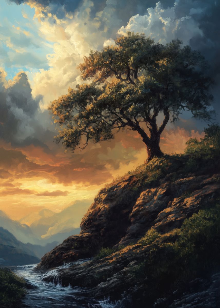 'Solitary Tree on Cliff' Poster, picture, metal print, paint by ...