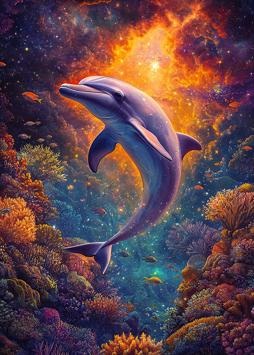 'Dolphin in Space' Poster, picture, metal print, paint by Davis | Displate