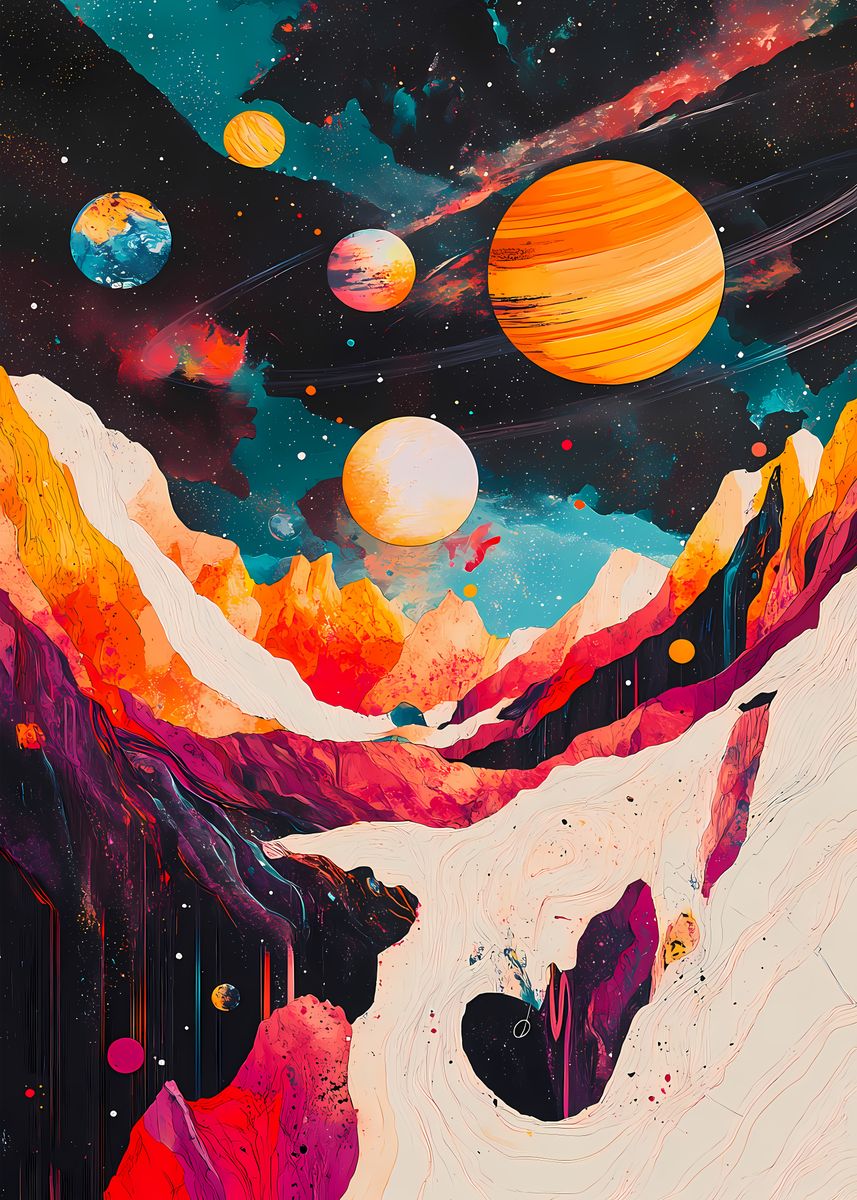 'Cosmic Mountain Landscape Space Planets' Poster, picture, metal print ...