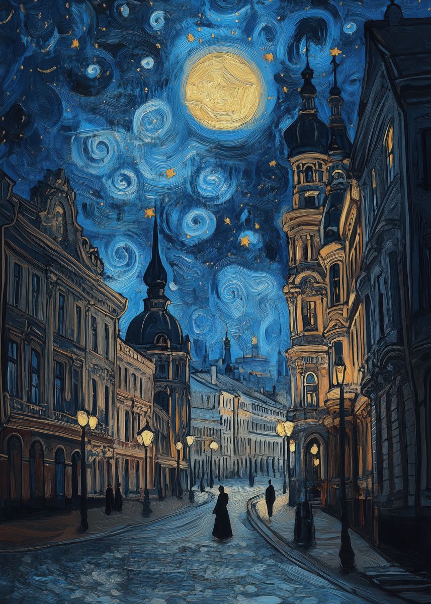 'Starry Night Cityscape' Poster, picture, metal print, paint by Pictura ...