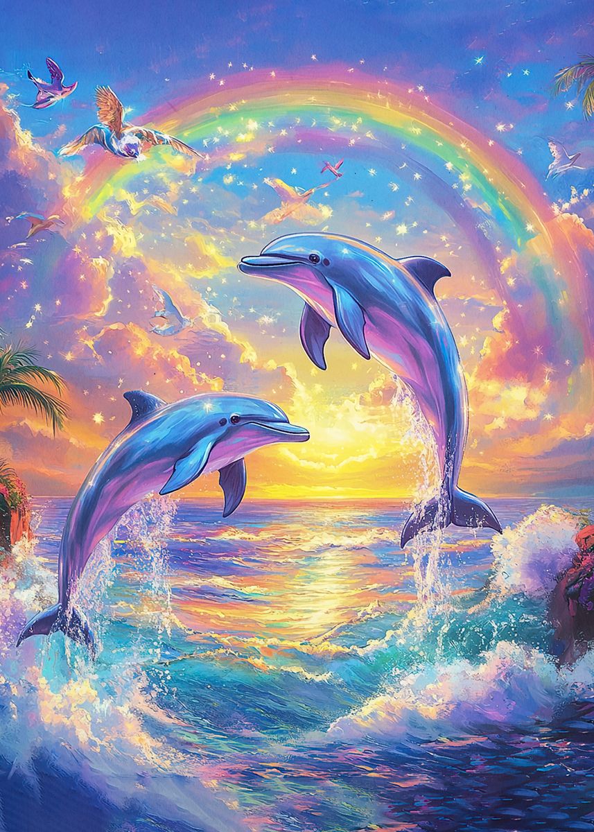 'Dolphins Jumping Rainbow Sunset' Poster, picture, metal print, paint ...