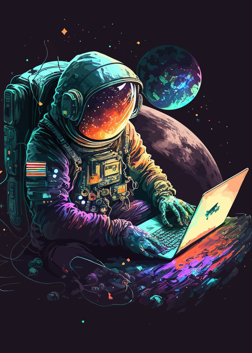 'Astronaut with Laptop in Space' Poster, picture, metal print, paint by ...