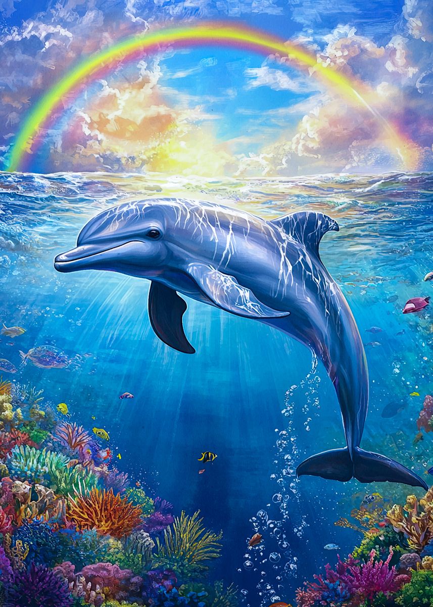 'Dolphin Under Rainbow' Poster, picture, metal print, paint by Davis ...