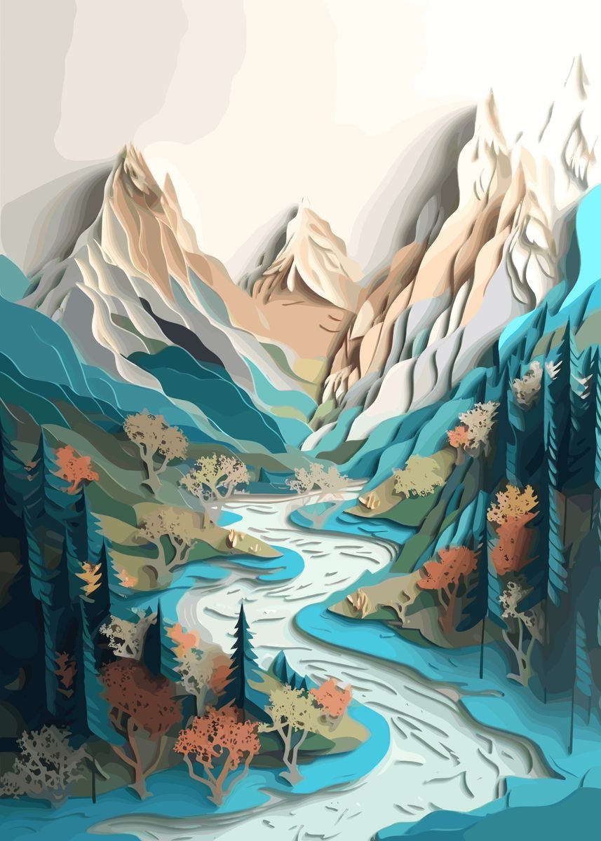 'Papercut Mountain Valley' Poster, picture, metal print, paint by ...