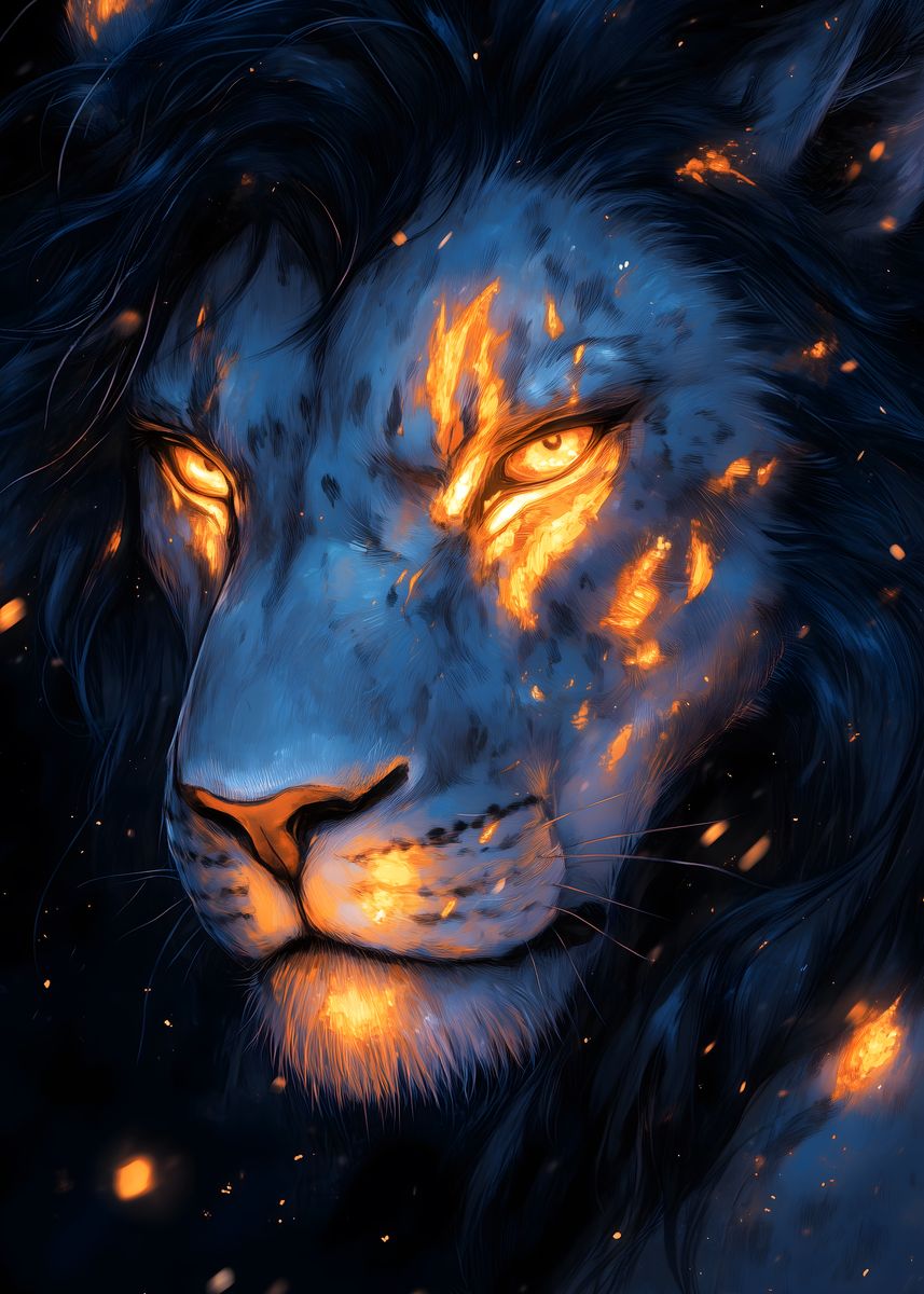 'Fiery Lion Portrait' Poster, picture, metal print, paint by ...