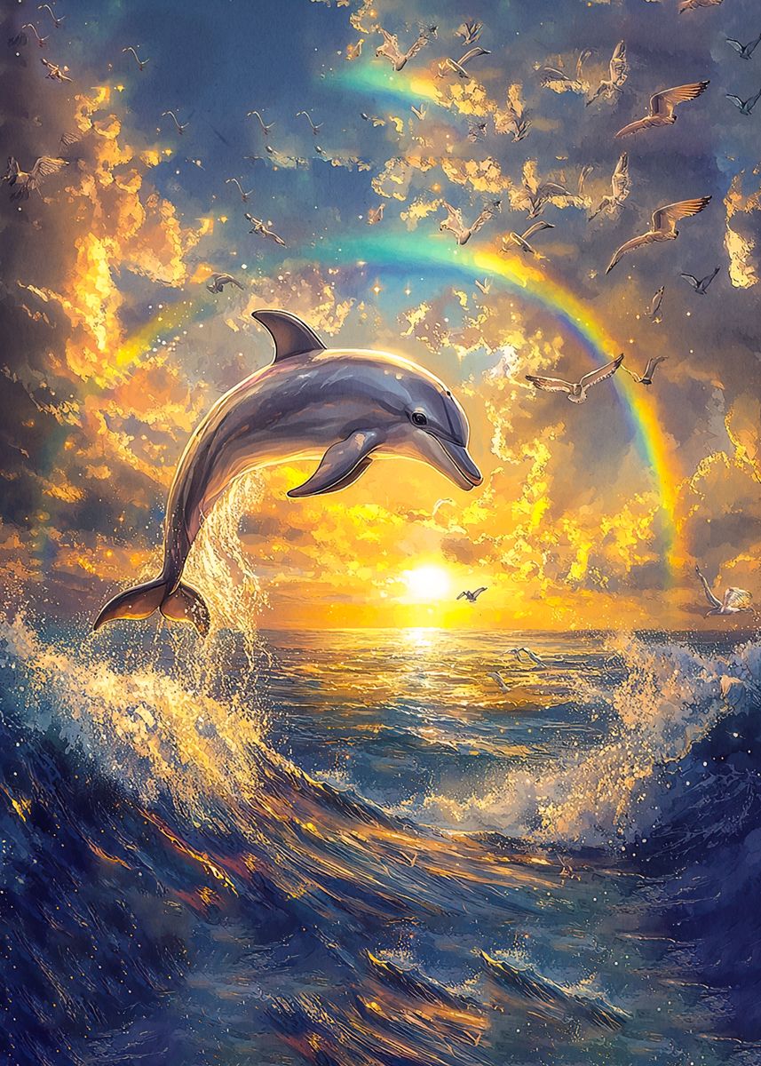 'Dolphin Sunset' Poster, picture, metal print, paint by Davis | Displate