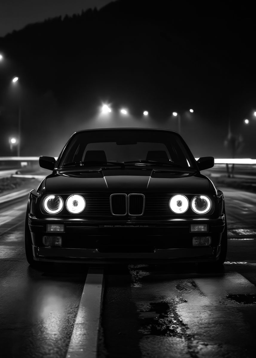 'Black old BMW E30 M3 at Night' Poster, picture, metal print, paint by ...