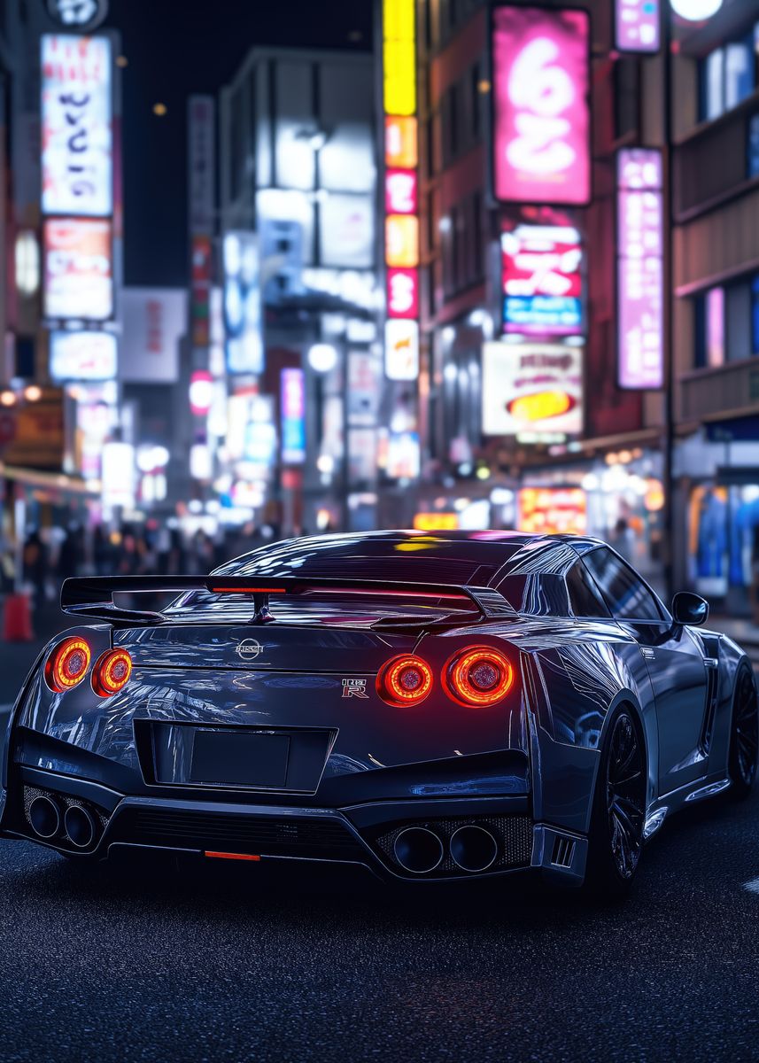 'Nissan GT-R in Neon City' Poster, picture, metal print, paint by Barry ...