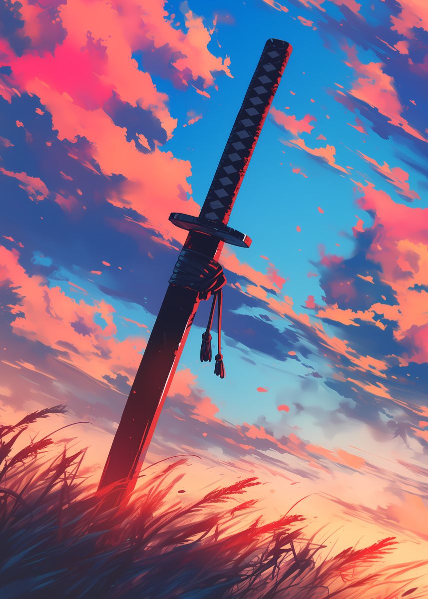 'Samurai Sword Anime Sunset' Poster, picture, metal print, paint by ...