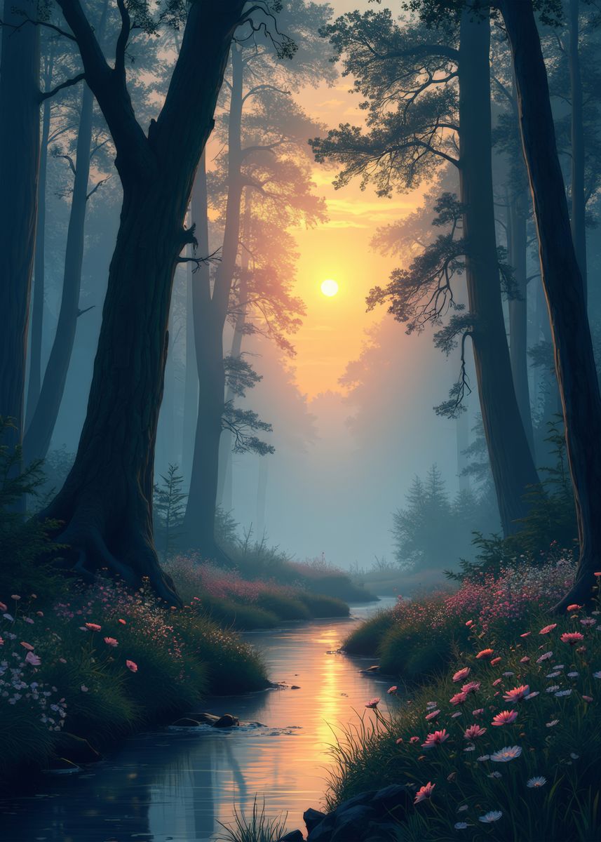 'Misty Forest Sunset' Poster, picture, metal print, paint by The ...