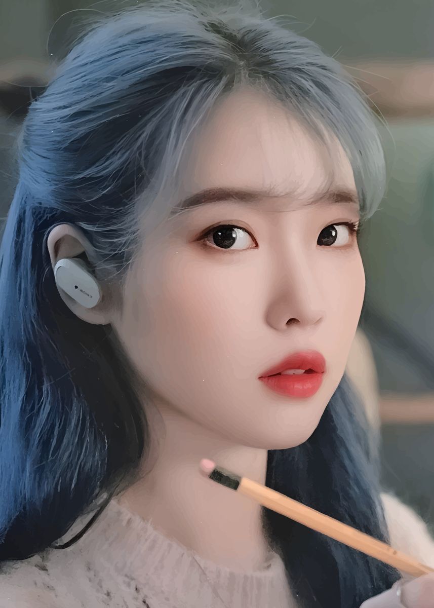 'IU with Blue Hair and Earbuds' Poster, picture, metal print, paint by ...