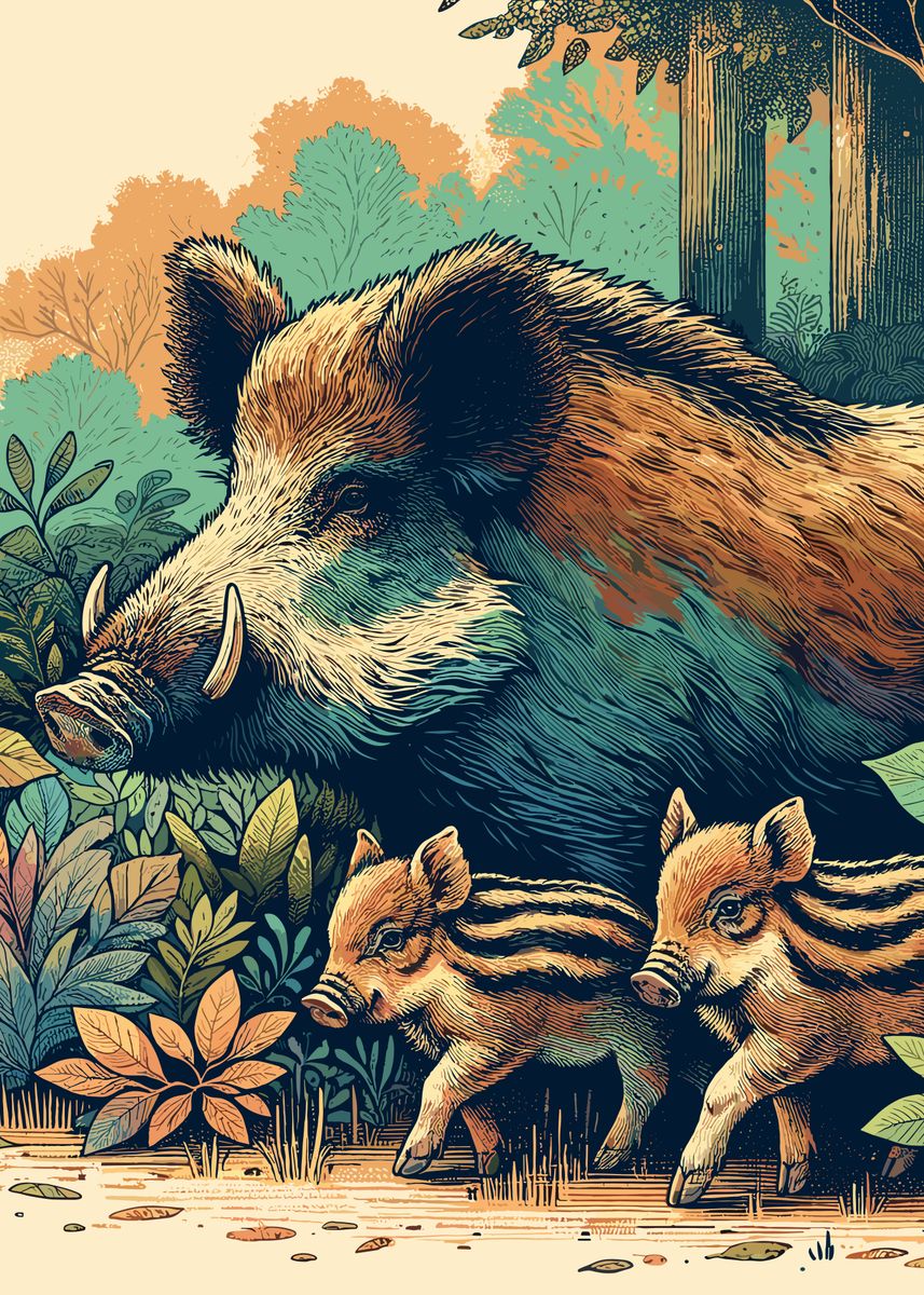 'Wild Boar Family' Poster, picture, metal print, paint by Ray Crimson ...