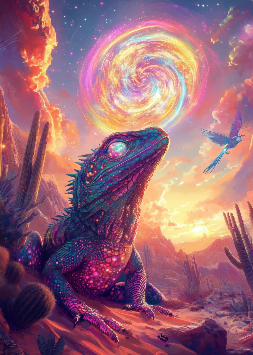 'Lizard Gazing at Cosmic Orb' Poster, picture, metal print, paint by ...
