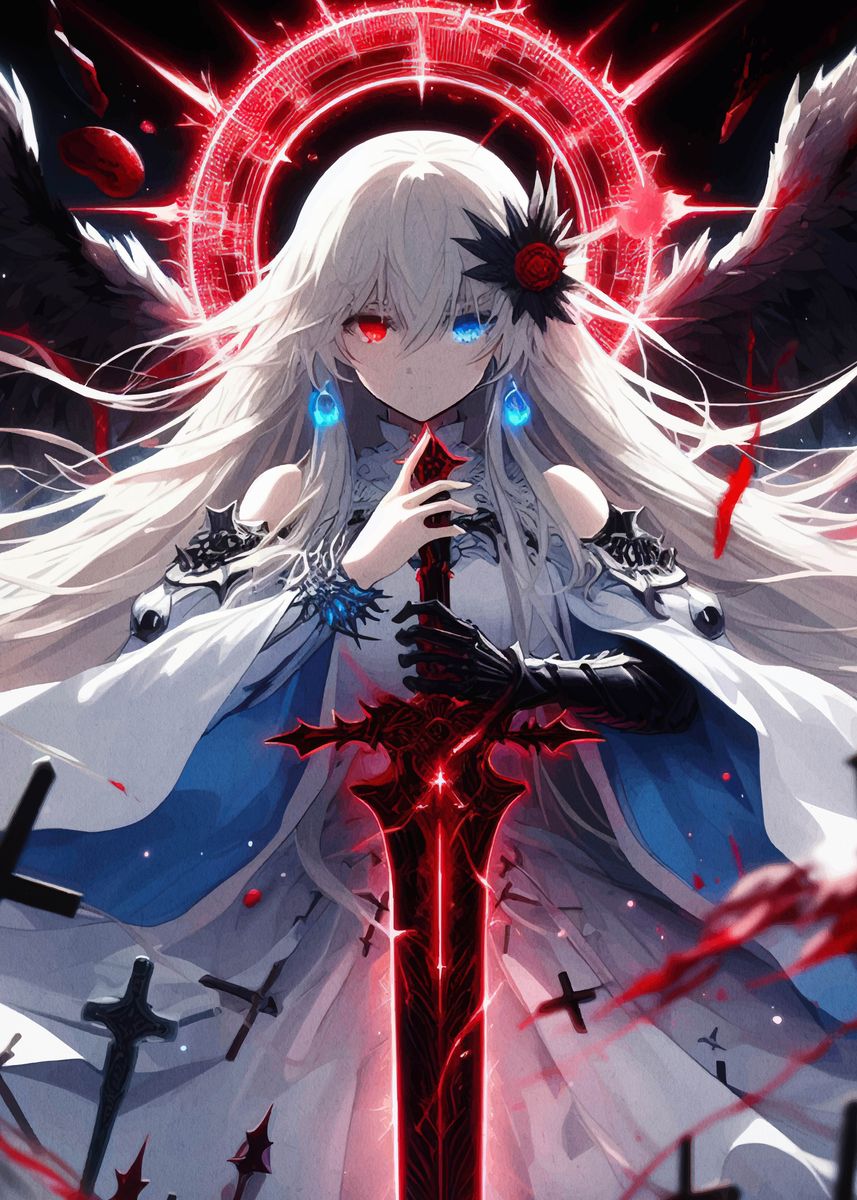 'White-Haired Angel with Sword' Poster, picture, metal print, paint by ...