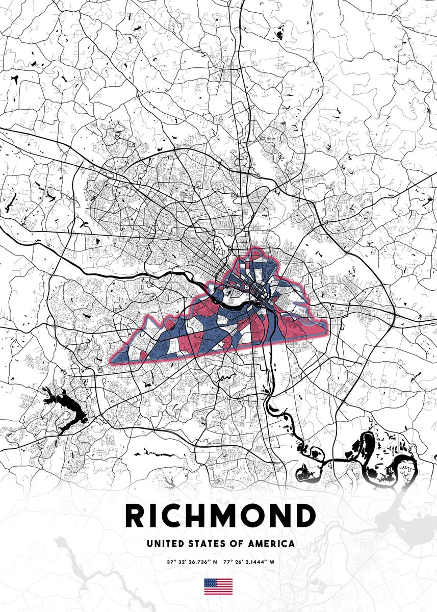'Richmond City Map' Poster, picture, metal print, paint by | Displate
