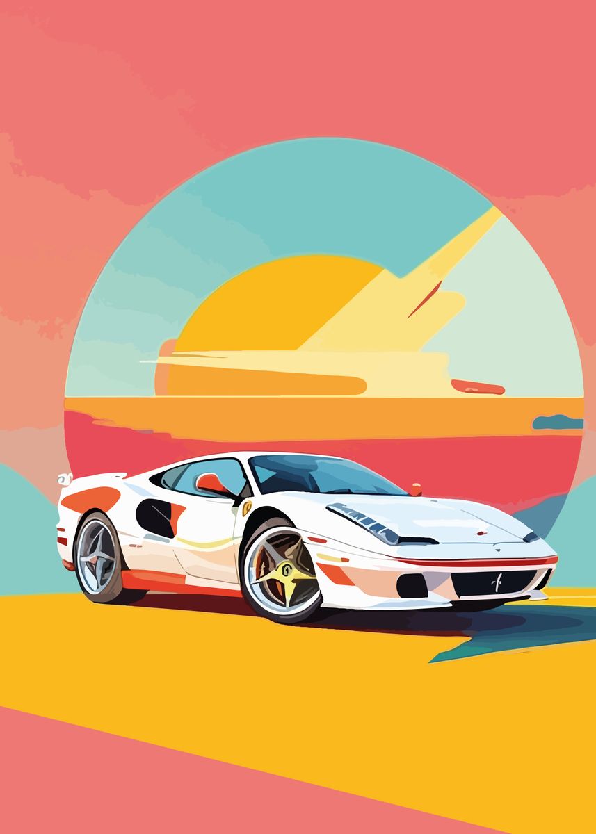 'White Ferrari Sunset' Poster, picture, metal print, paint by Tevi ...