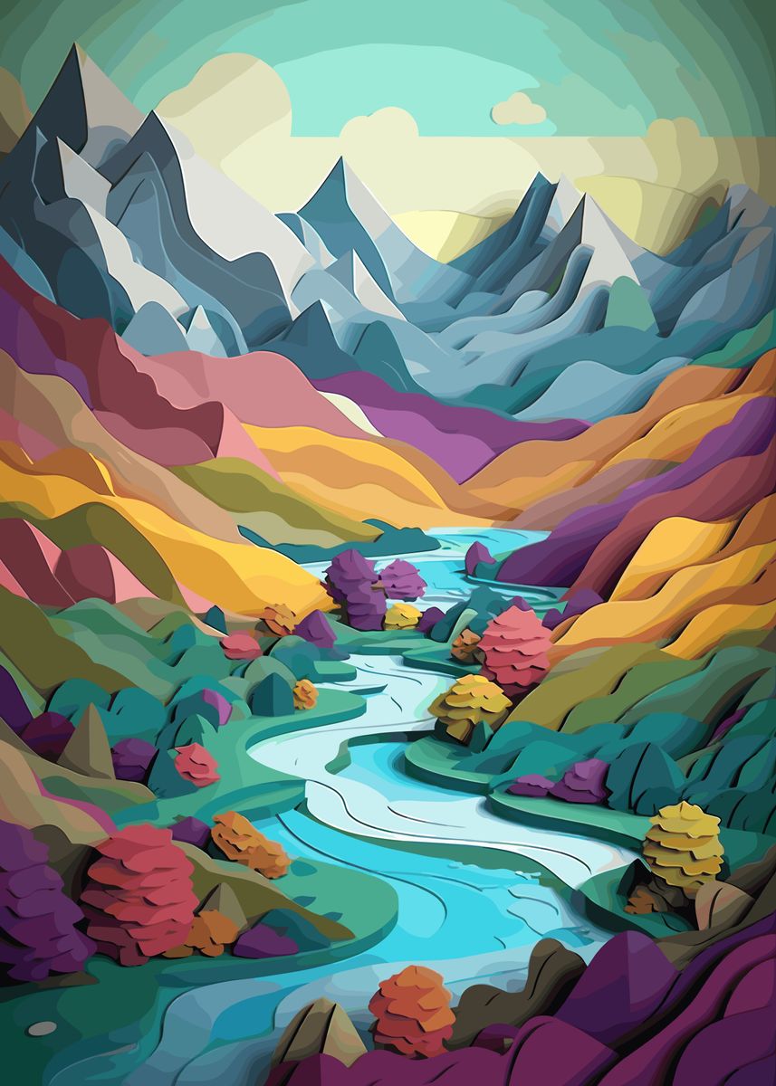 'Papercut Mountain Valley' Poster, picture, metal print, paint by ...