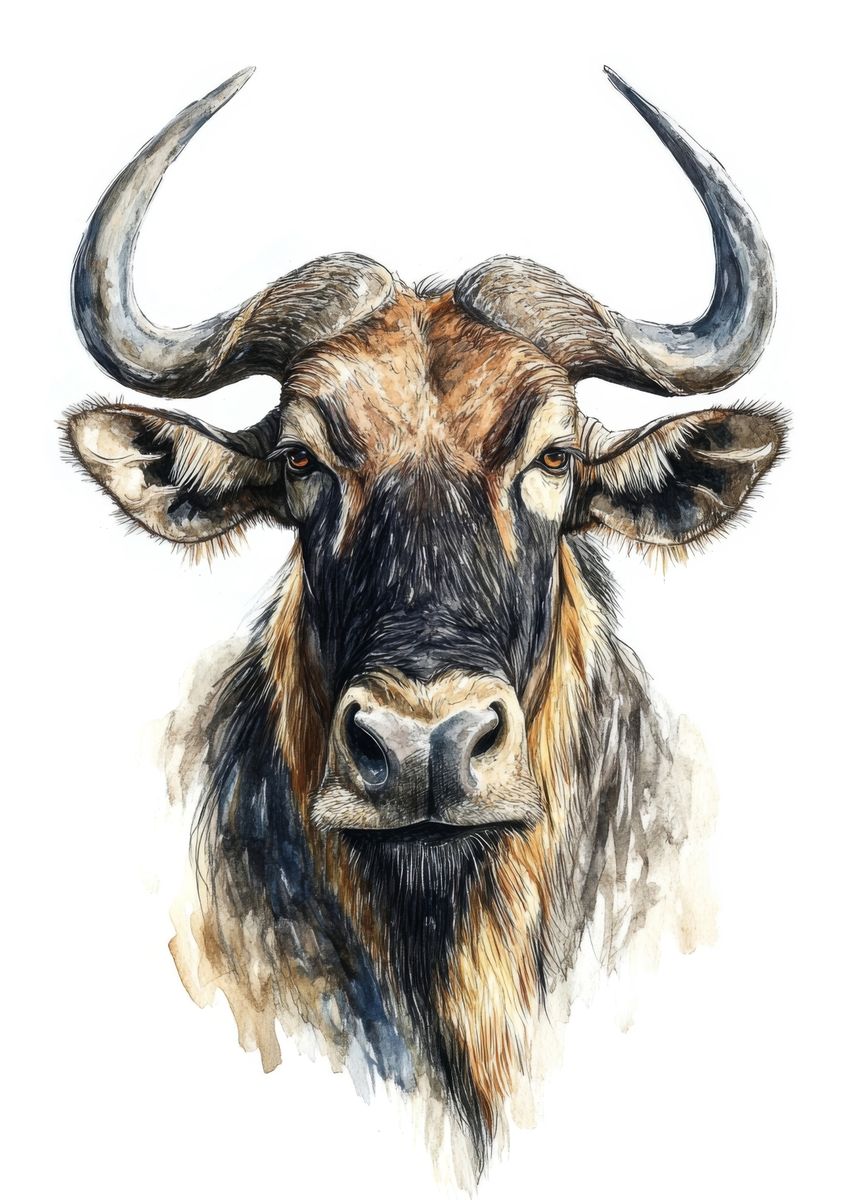 'Wildebeest Watercolor Portrait' Poster, picture, metal print, paint by ...