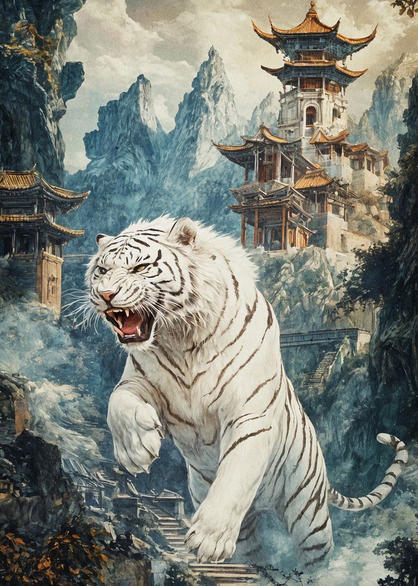 'White Tiger Asian Landscape' Poster, picture, metal print, paint by ...