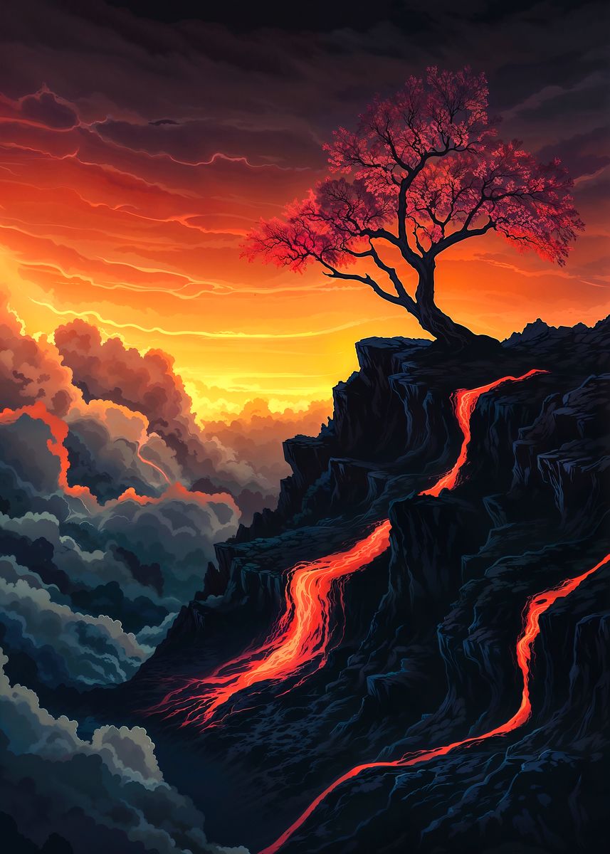 'Volcanic Sunset Landscape' Poster, picture, metal print, paint by ...