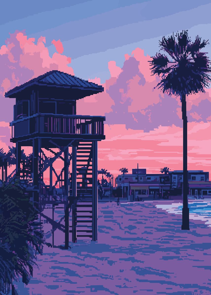 'Pixelated Sunset Beach with Lifeguard Tower' Poster, picture, metal ...