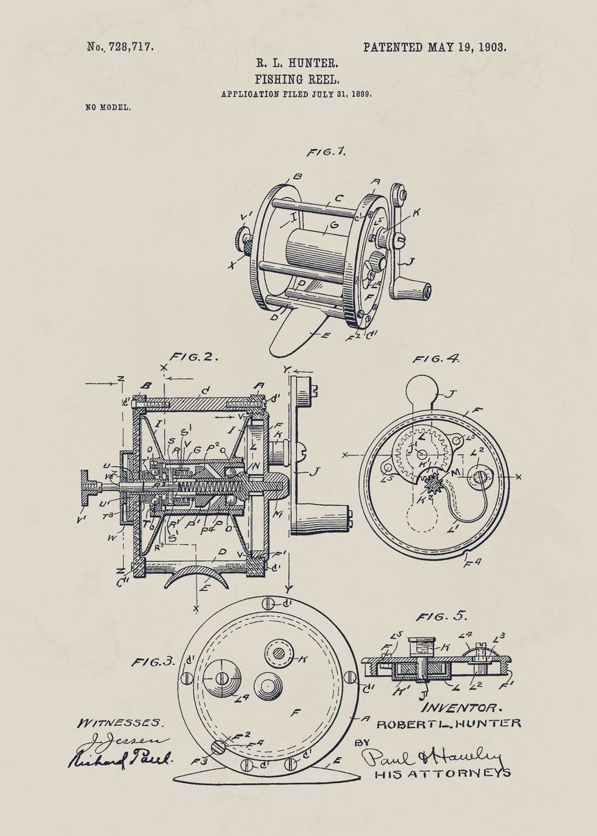'Fishing Reel Patent' Poster, picture, metal print, paint by ...