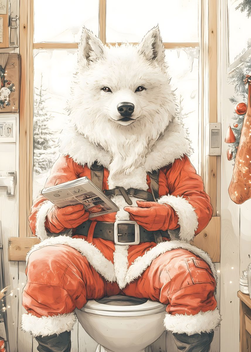'Wolf Santa on Toilet' Poster, picture, metal print, paint by Melvina ...