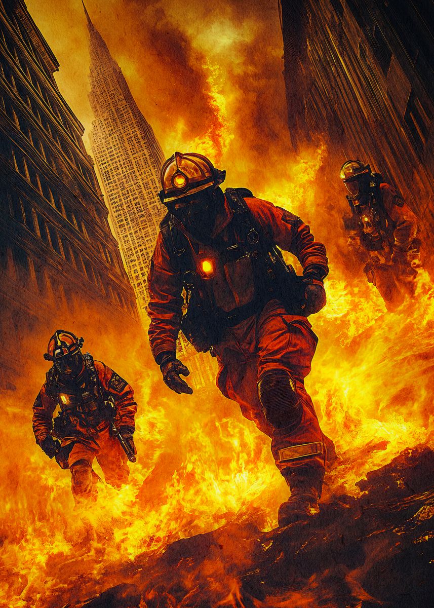 'Firefighters City Blaze' Poster, picture, metal print, paint by Sylvie ...