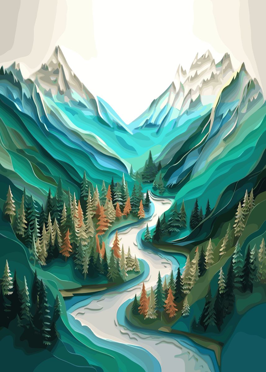 'Papercut Mountain River' Poster, picture, metal print, paint by ...