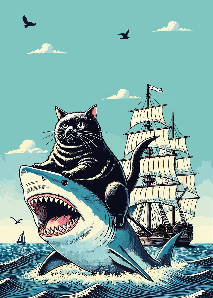 'Cat Riding Shark' Poster, picture, metal print, paint by Animal ...