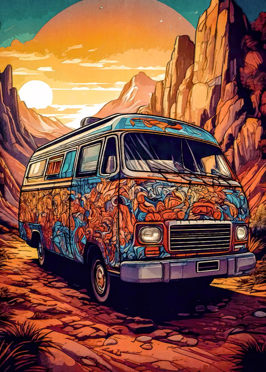 'Psychedelic Van in Desert' Poster, picture, metal print, paint by ...