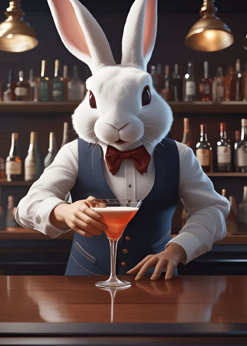 'Rabbit Bartender with Cocktail' Poster, picture, metal print, paint by ...