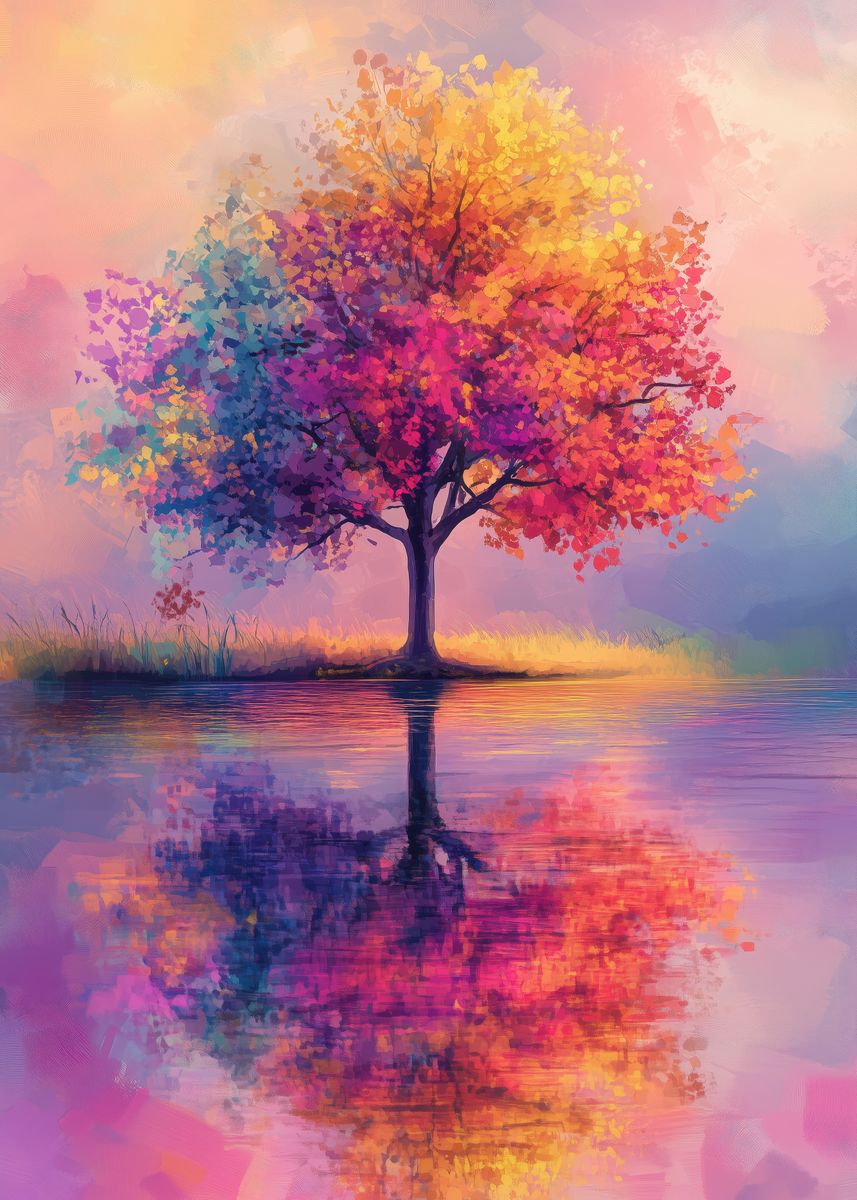 'Colorful Tree Reflection' Poster, picture, metal print, paint by ...