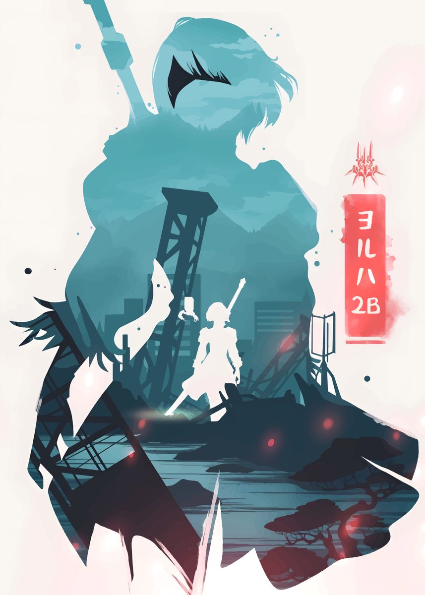 '2B Nier Automata Silhouette' Poster, picture, metal print, paint by ...