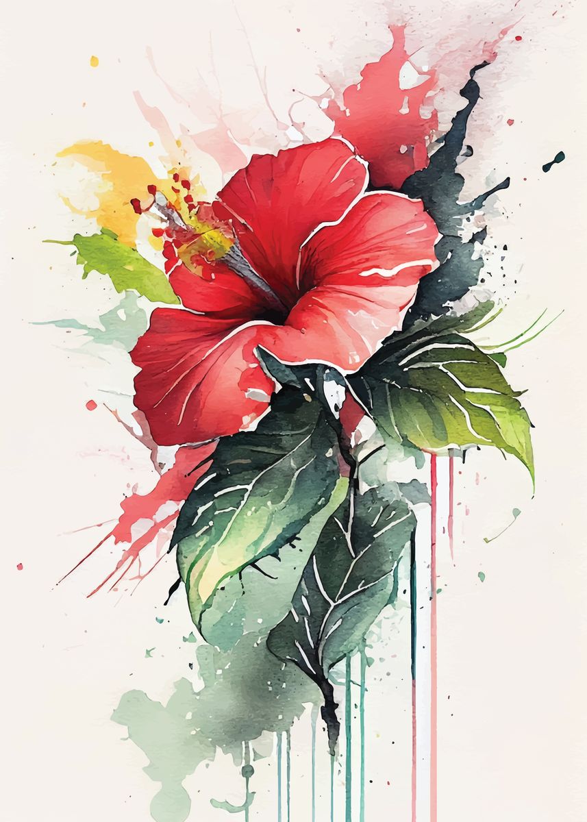 'Watercolor Hibiscus Flower' Poster, picture, metal print, paint by ...