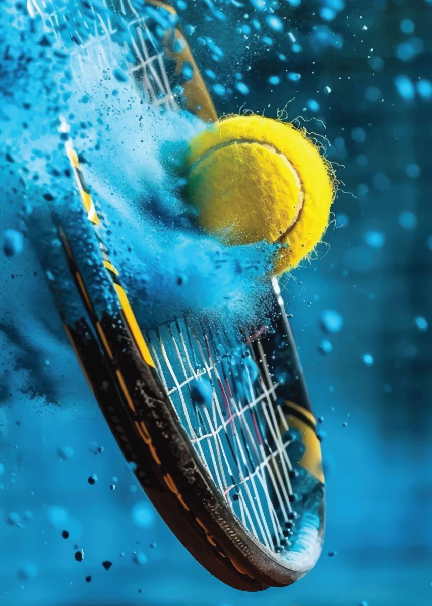 'Tennis Racket and Ball Splash' Poster, picture, metal print, paint by ...