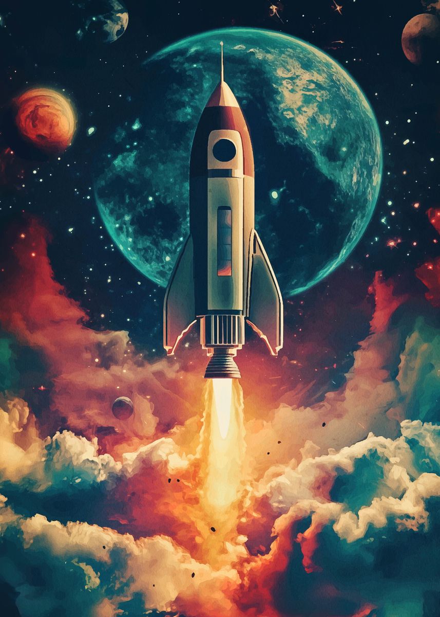 'Retro Rocket Launch' Poster, picture, metal print, paint by Celeste ...
