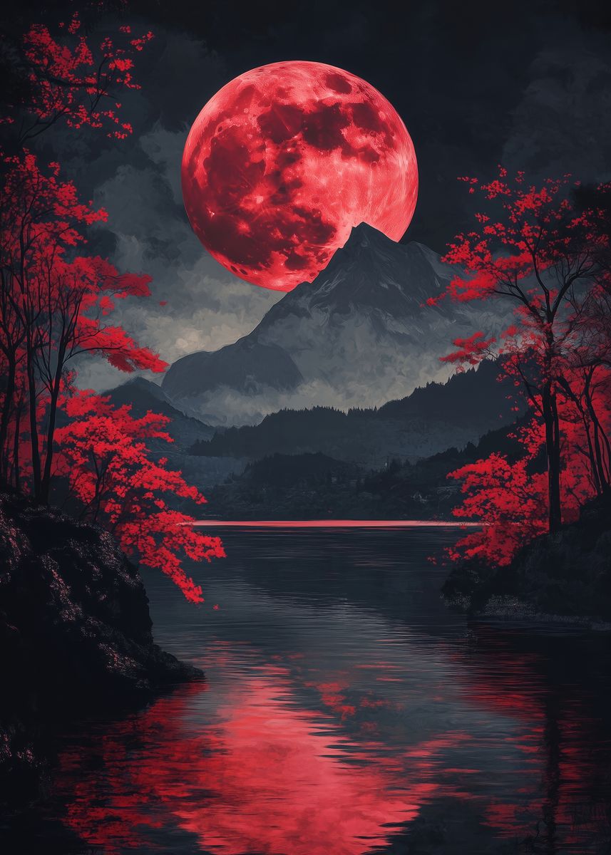 'Blood Moon Landscape' Poster, picture, metal print, paint by ...