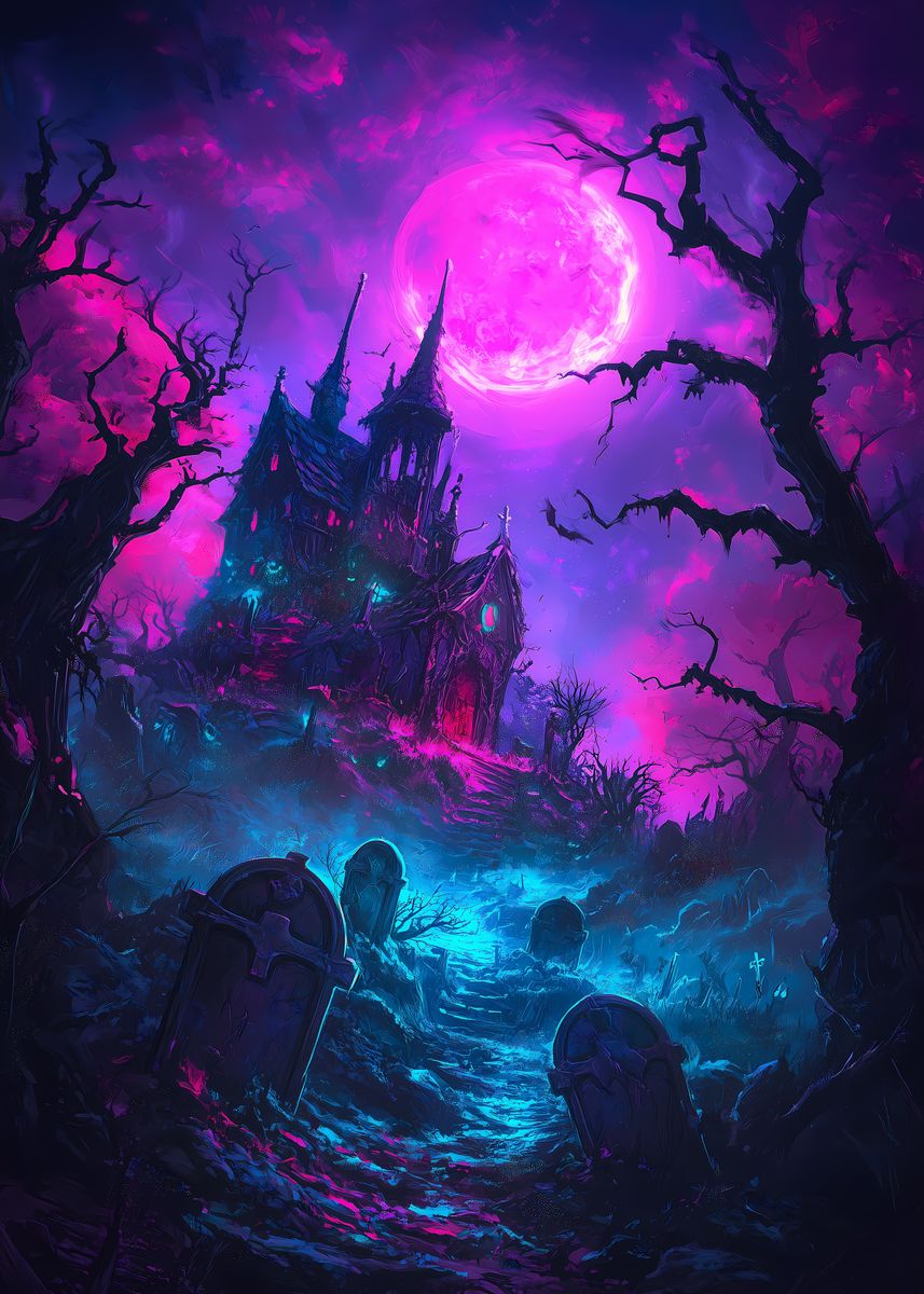 'Haunted Mansion Under Neon Moon' Poster, picture, metal print, paint by PrintYourDigitals ...