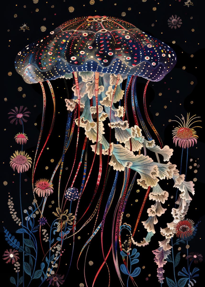 'Patchwork Jellyfish with Floral Motifs Folk Art' Poster, picture ...
