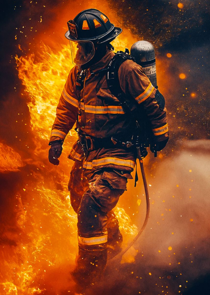'Firefighter in Flames' Poster, picture, metal print, paint by Davis ...