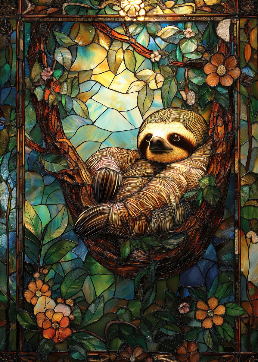 'Stained Glass Sloth' Poster, picture, metal print, paint by Design ...