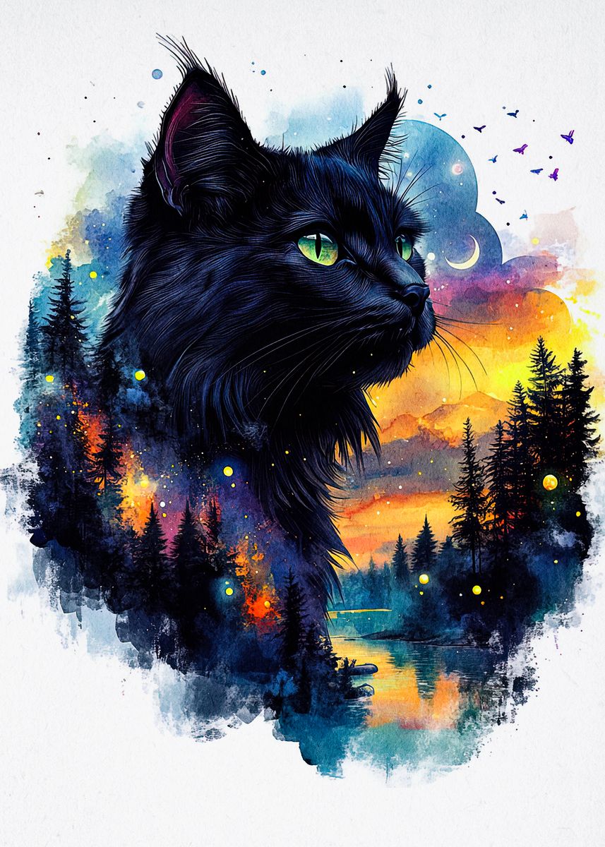 'double exposure cat' Poster, picture, metal print, paint by Tasnim ...