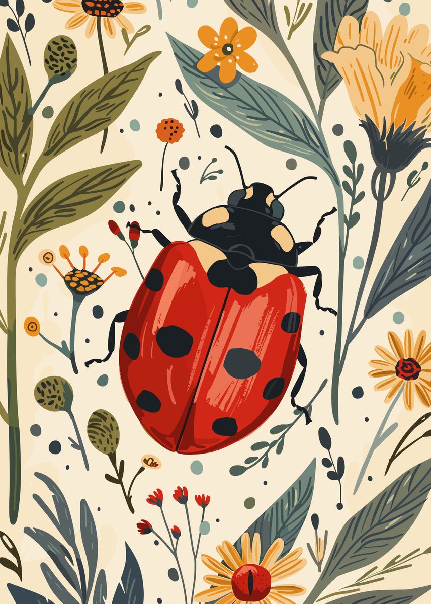 'Ladybug in Flowers' Poster, picture, metal print, paint by Kai Tanaka ...