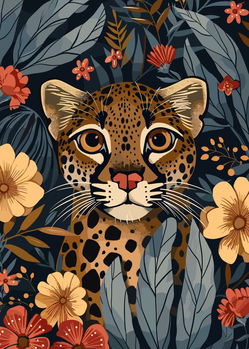 'Ocelot in Bloom' Poster, picture, metal print, paint by Kai Tanaka ...