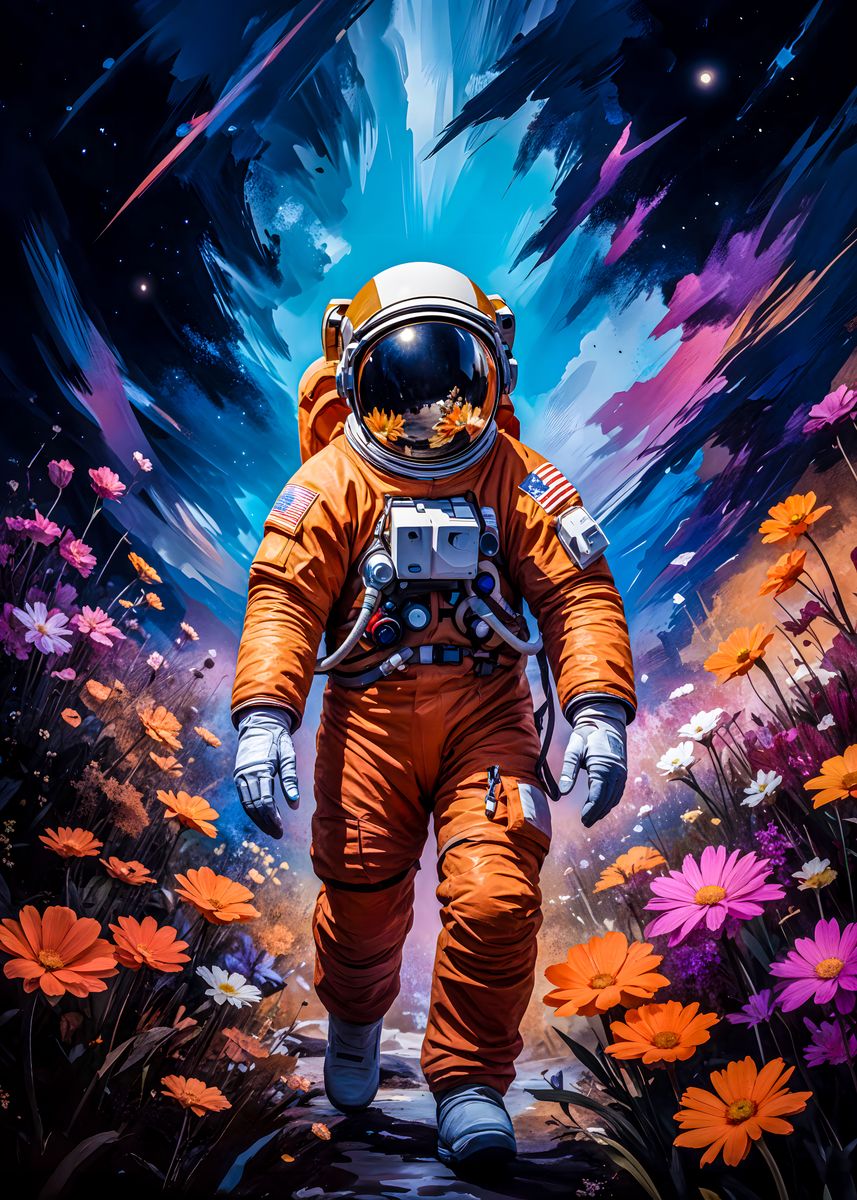'Astronaut in Flower Field' Poster, picture, metal print, paint by Krishnendu Roy | Displate