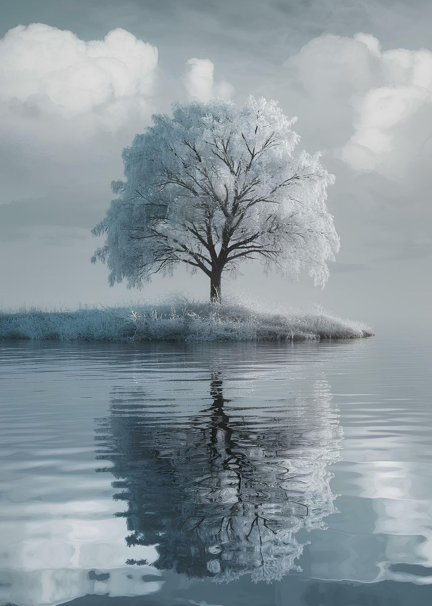 'Winter Tree Reflection' Poster, picture, metal print, paint by Laura Juarez | Displate