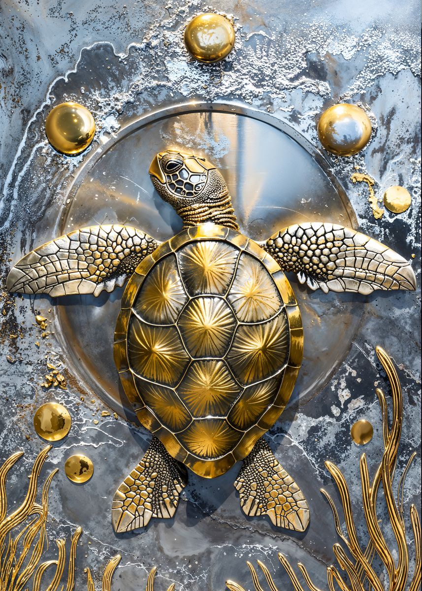 'Golden Sea Turtle Majesty' Poster, picture, metal print, paint by ...