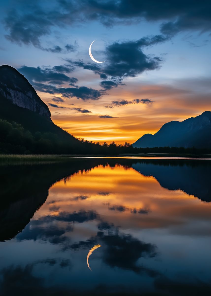 'Crescent Moon Over Lake landscape' Poster, picture, metal print, paint ...