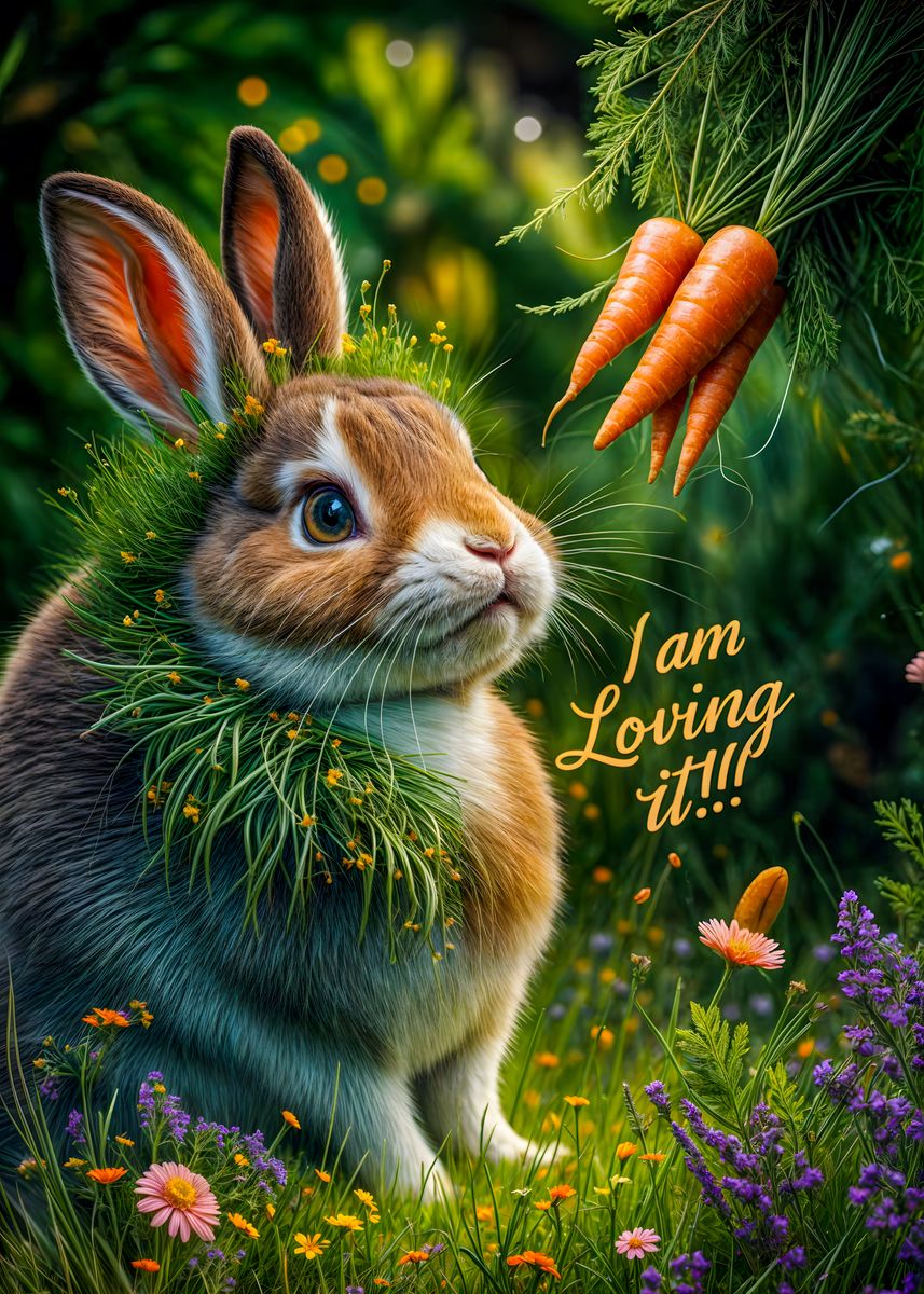 'Cute Bunny with Carrots' Poster, picture, metal print, paint by Krishnendu Roy | Displate